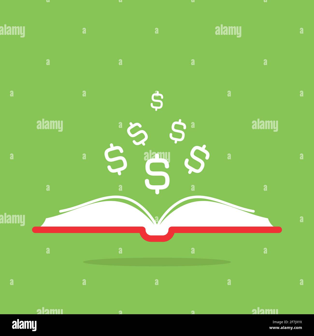 red open book with white dollar signs flying out isolated on green ...