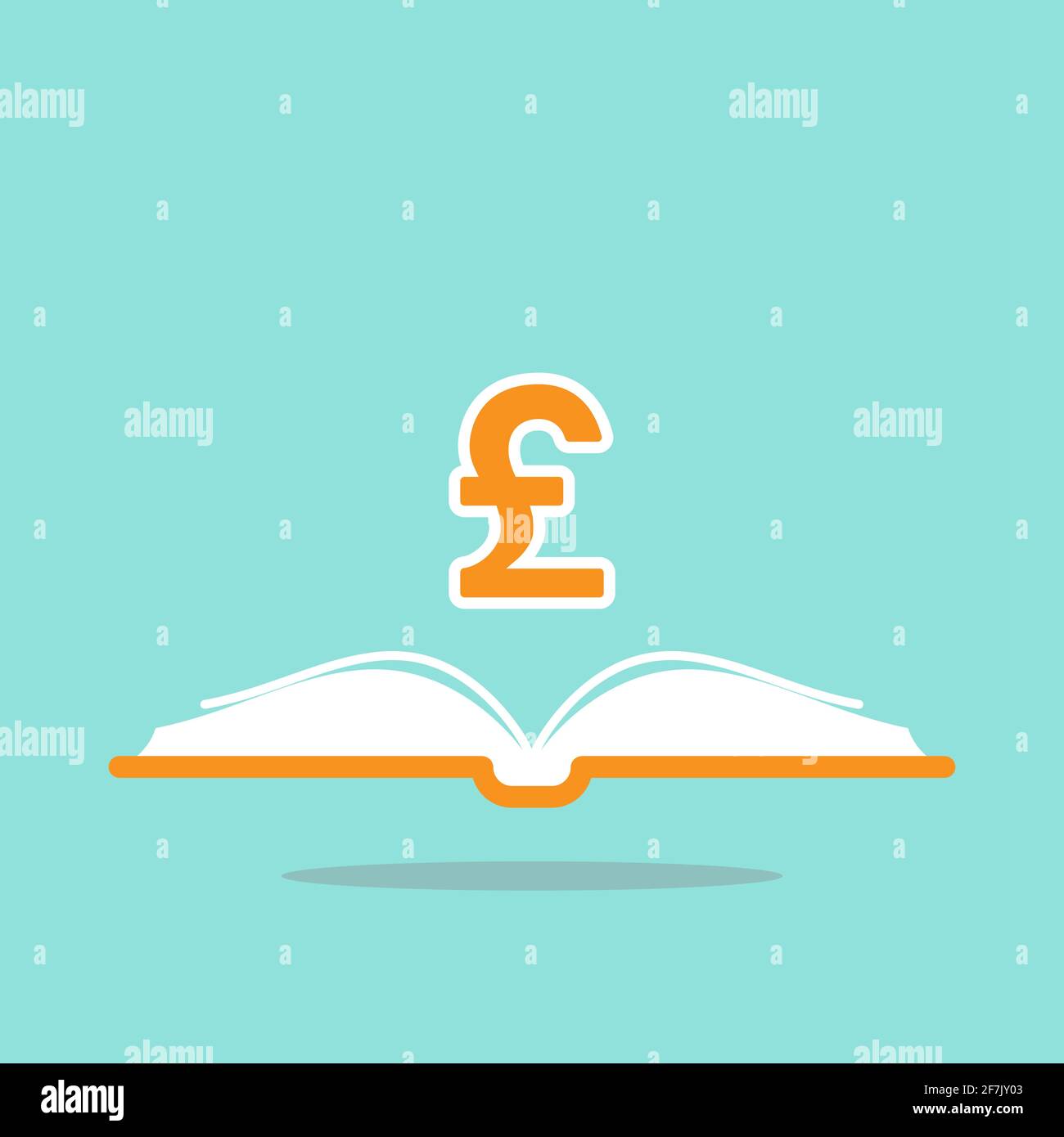 Open book with orange pound sterling sign flying out isolated on blue ...