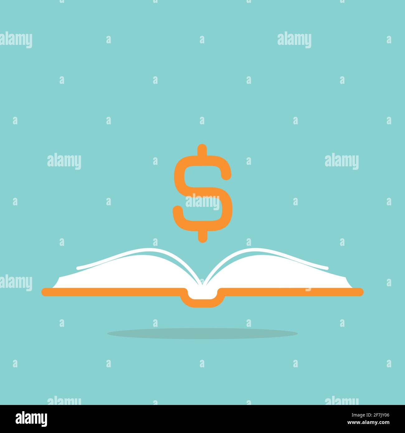 Open book with orange dollar sign flying out isolated on blue ...