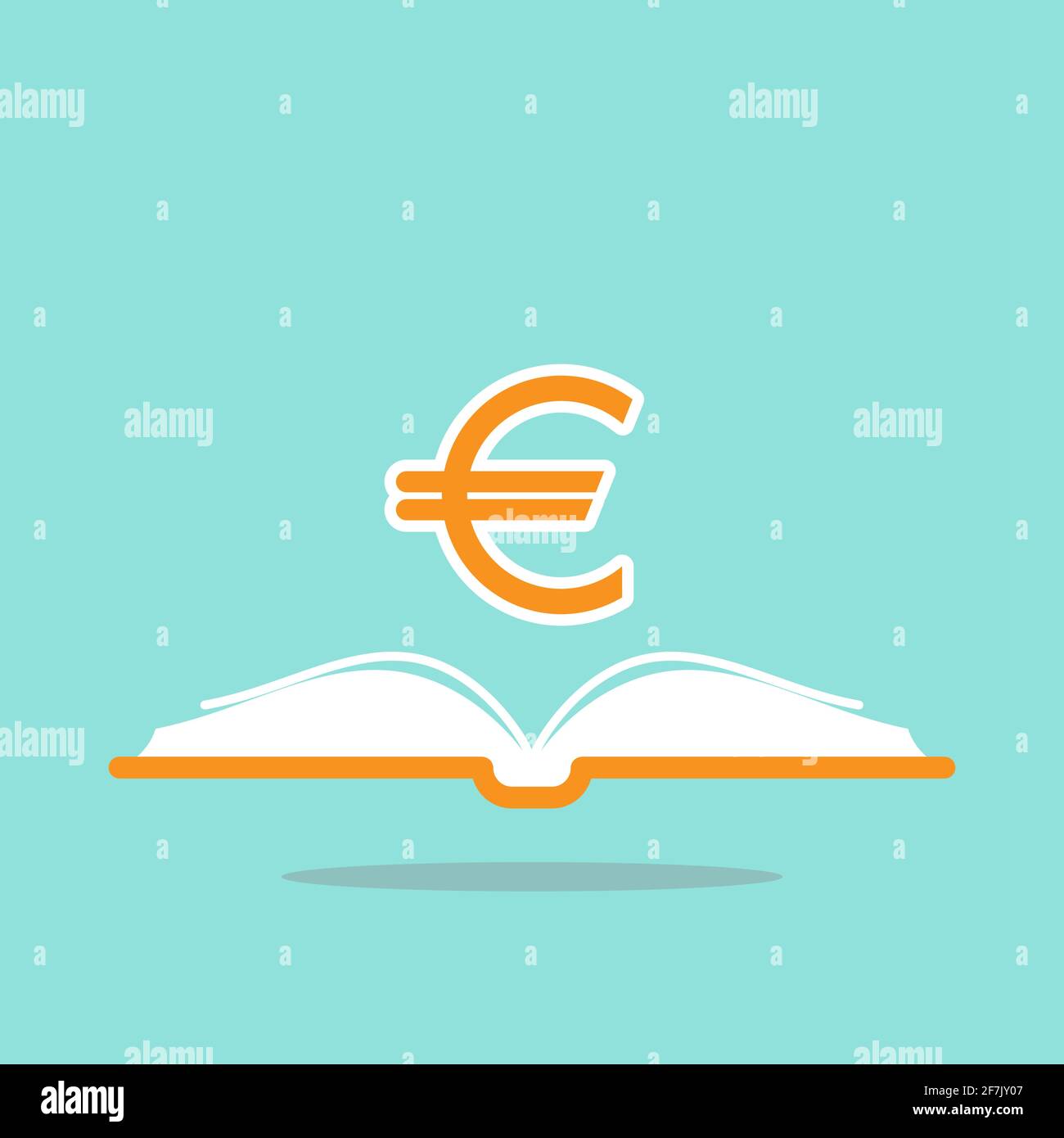 Open book with orange euro sign flying out isolated on blue background ...