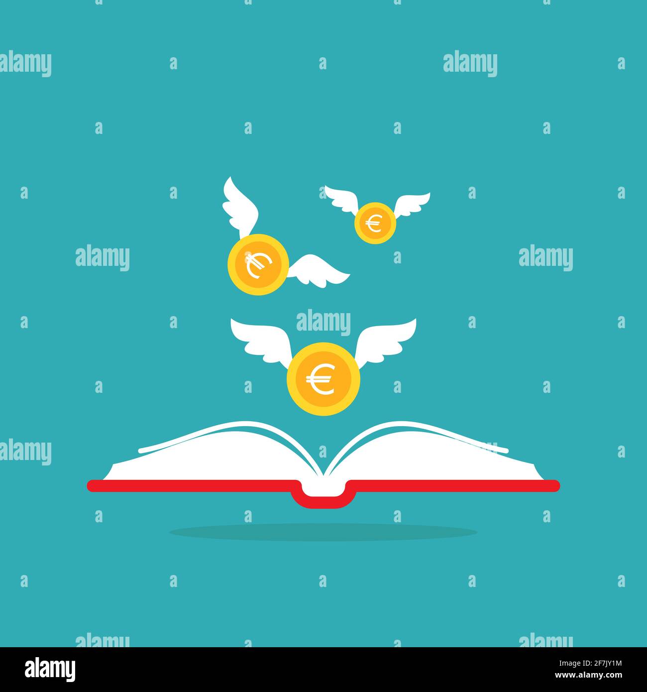 Open book with orange euro sign flying out isolated on blue background ...