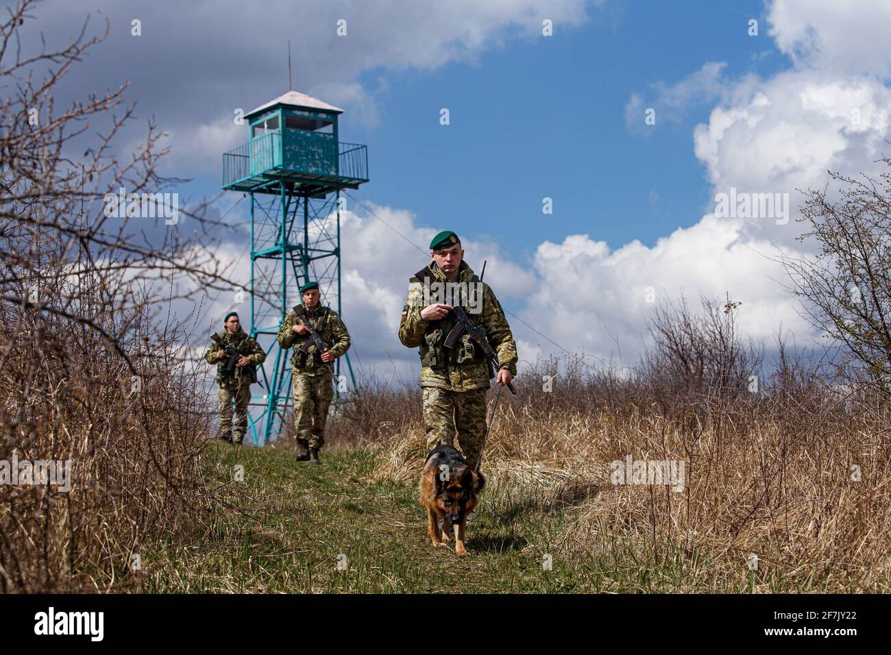 ZAKARPATTIA REGION, UKRAINE - APRIL 7, 2021 - Servicemen of the Kosyno ...