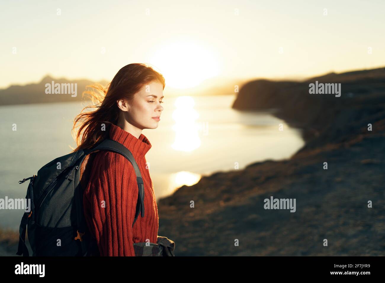 pretty woman with backpack tourism travel landscape vacation Stock ...