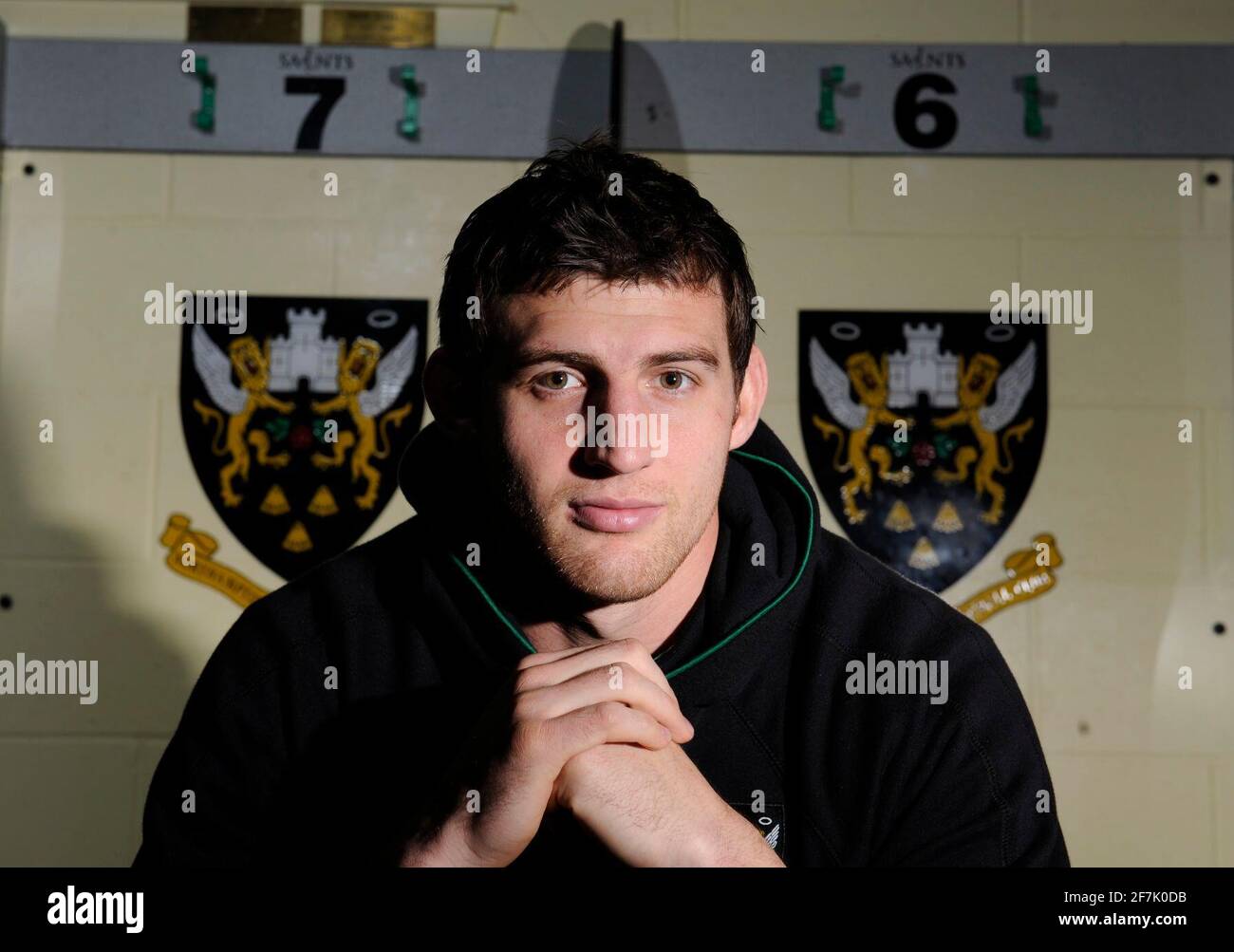 TOM WOOD OF NORTHAMPTON SAINTS RFC IN THE DRESSING AT FRANKLIN GARDENS ...