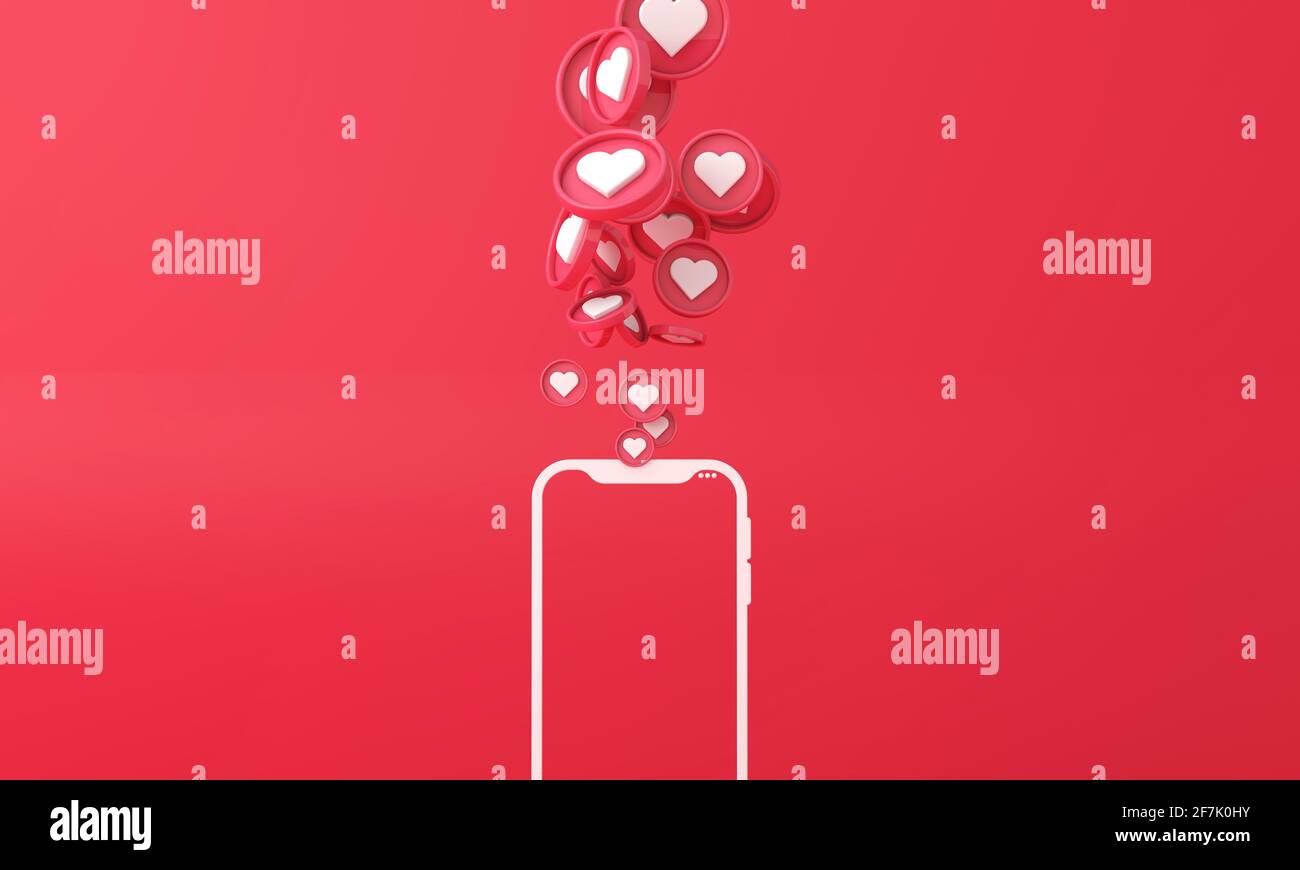 Social media love notification icons flowing from a smartphone. 3D ...