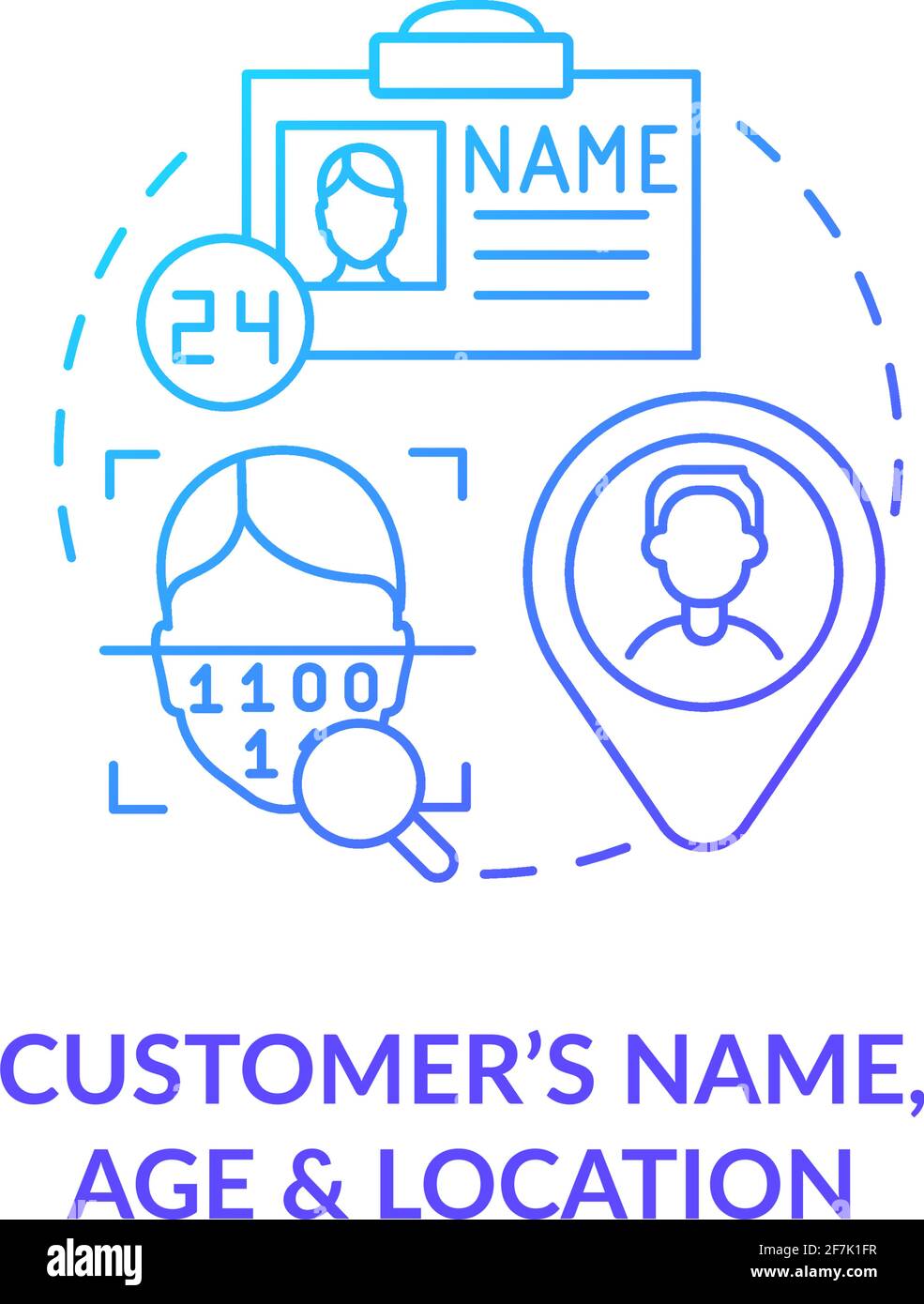 Customer age, name and location blue gradient concept icon Stock Vector ...
