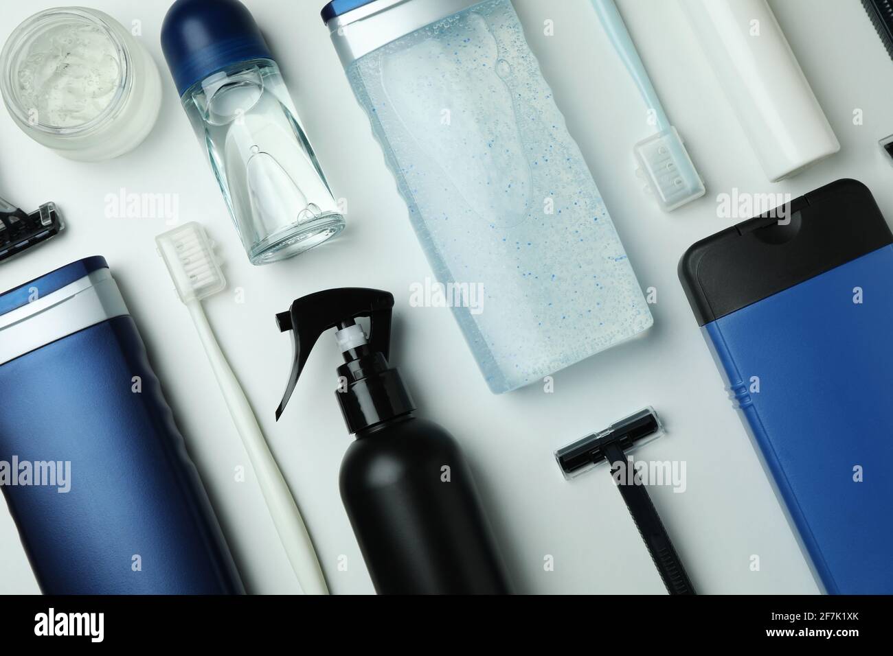 Concept of men's hygiene tools on white background Stock Photo - Alamy