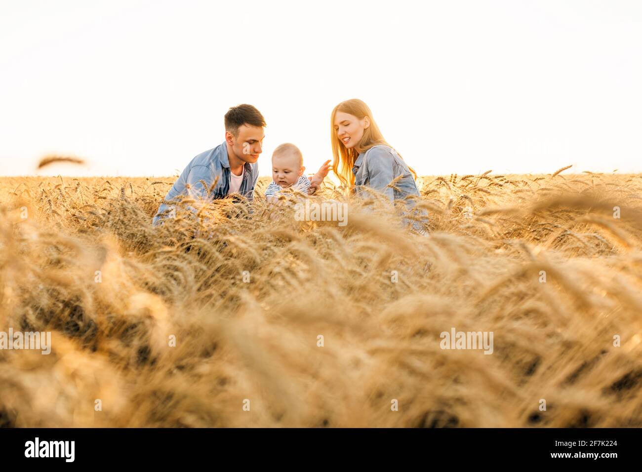 Happy family on a summer walk, mother, father and child walk in the ...
