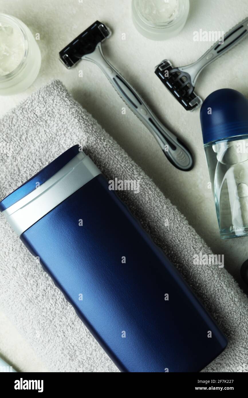 Concept of men's hygiene tools on white textured table Stock Photo - Alamy