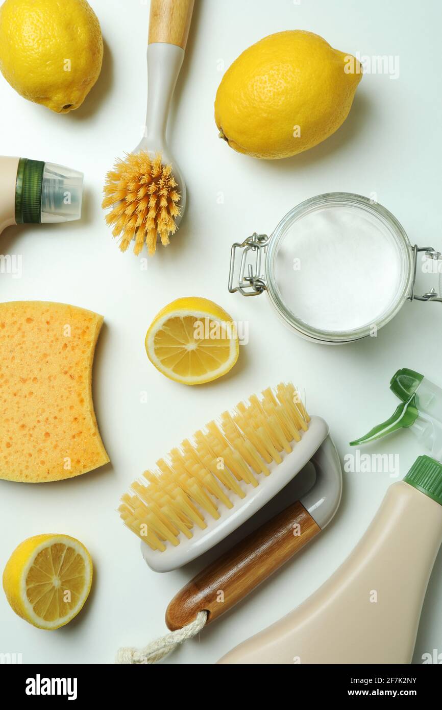 Cleaning concept with eco friendly cleaning tools on white background ...
