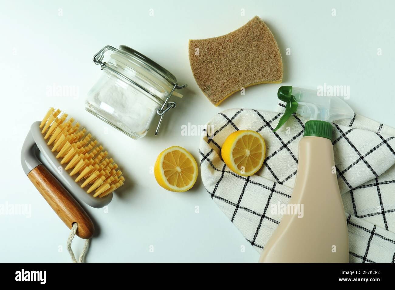 Eco friendly cleaning tools on white background Stock Photo - Alamy