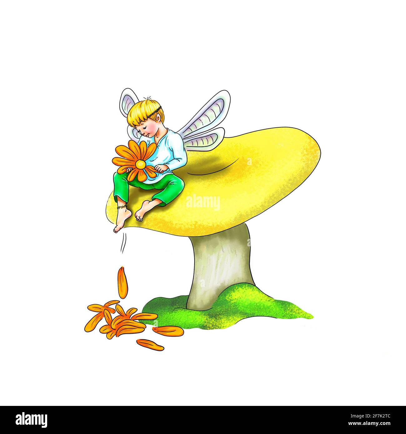 Elf sits barefoot dreamily on mushroom, flaps her wings, holds flower ...