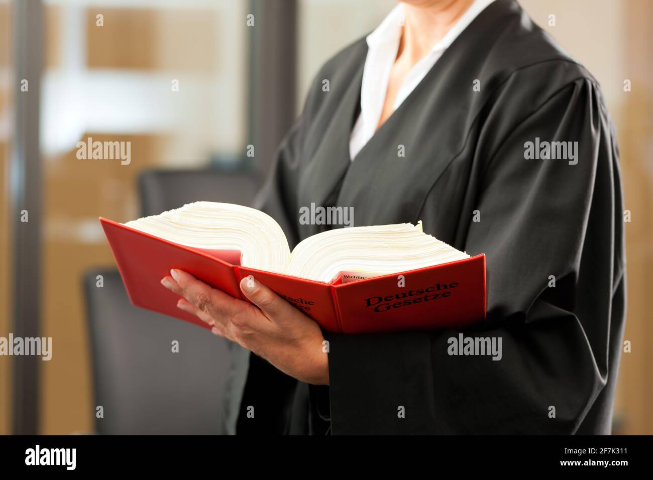 Female lawyer with German civil law code - only torso to be seen, close ...
