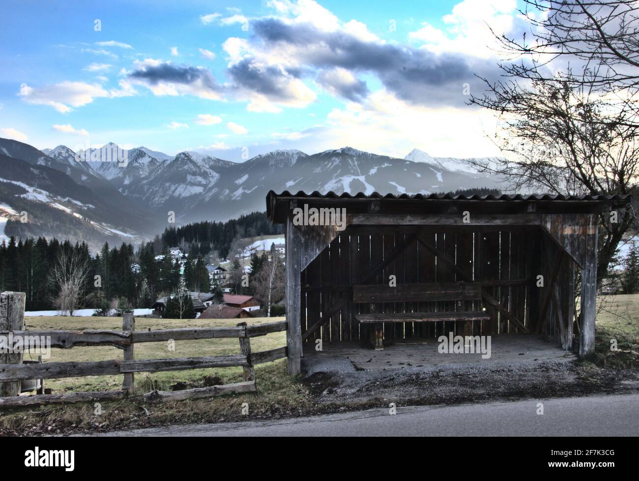 Bus stop before majestic mountains in spring - Austrian alps Stock ...
