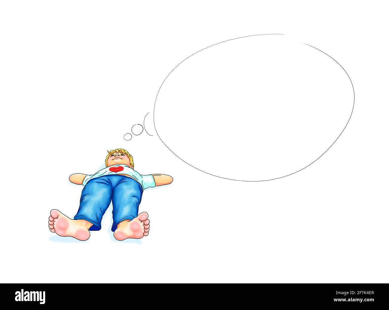 Boy child lies barefoot comfortably hands behind head on floor ...