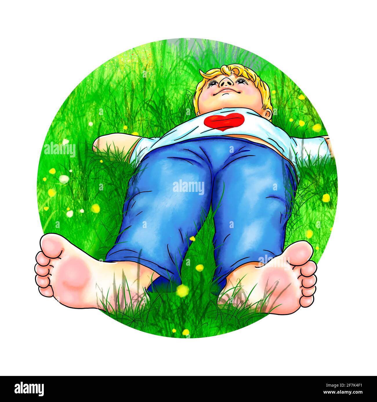 Boy child lies barefoot comfortably hands behind head on meadow ...
