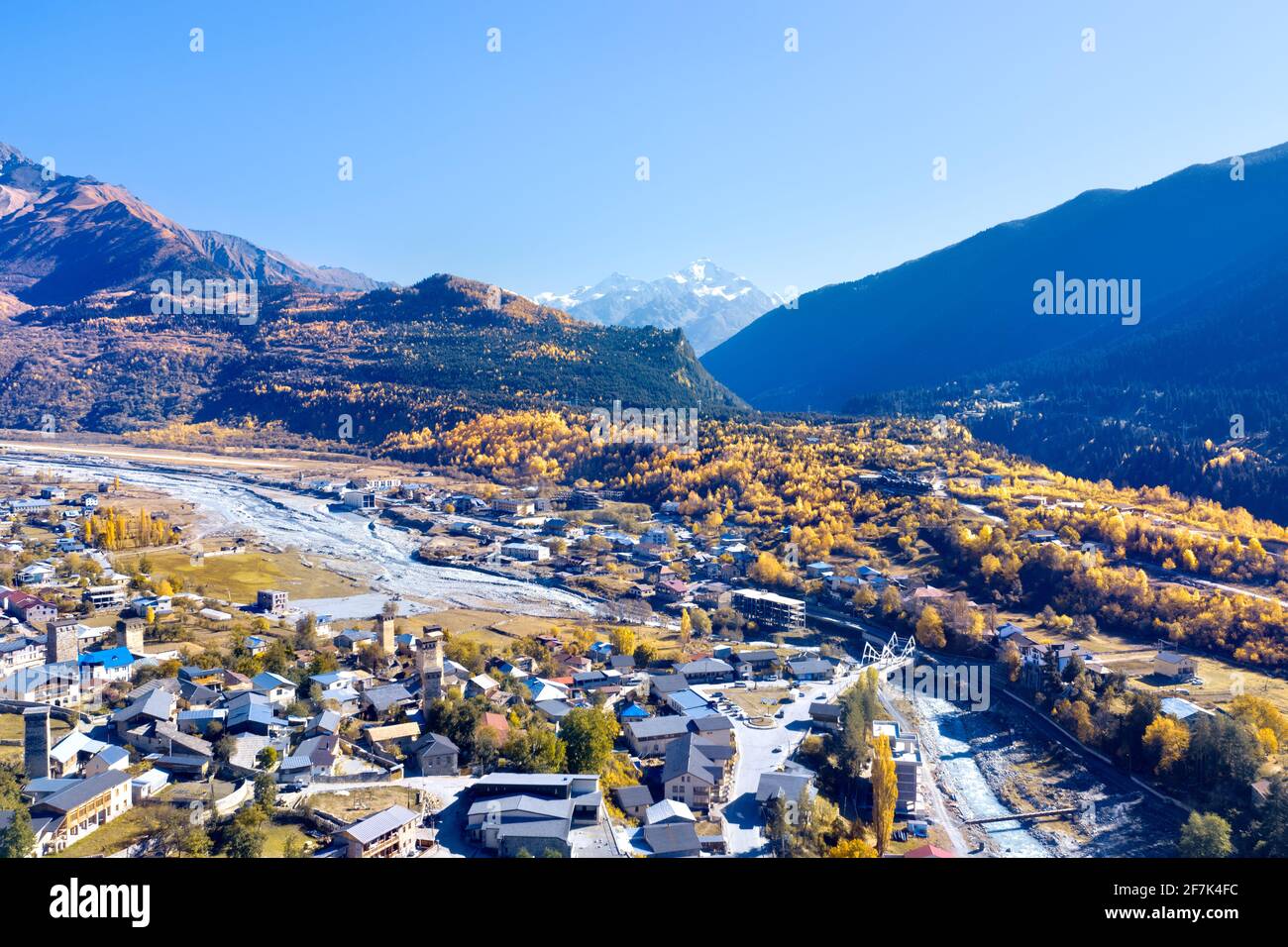 Aerial view of Mestia village with typical tower houses Stock Photo - Alamy