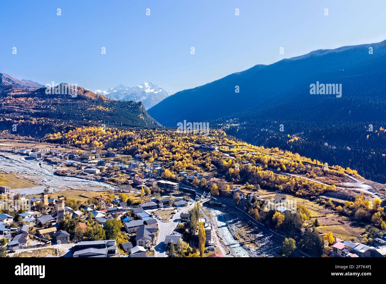 Aerial view of Mestia village with typical tower houses Stock Photo - Alamy