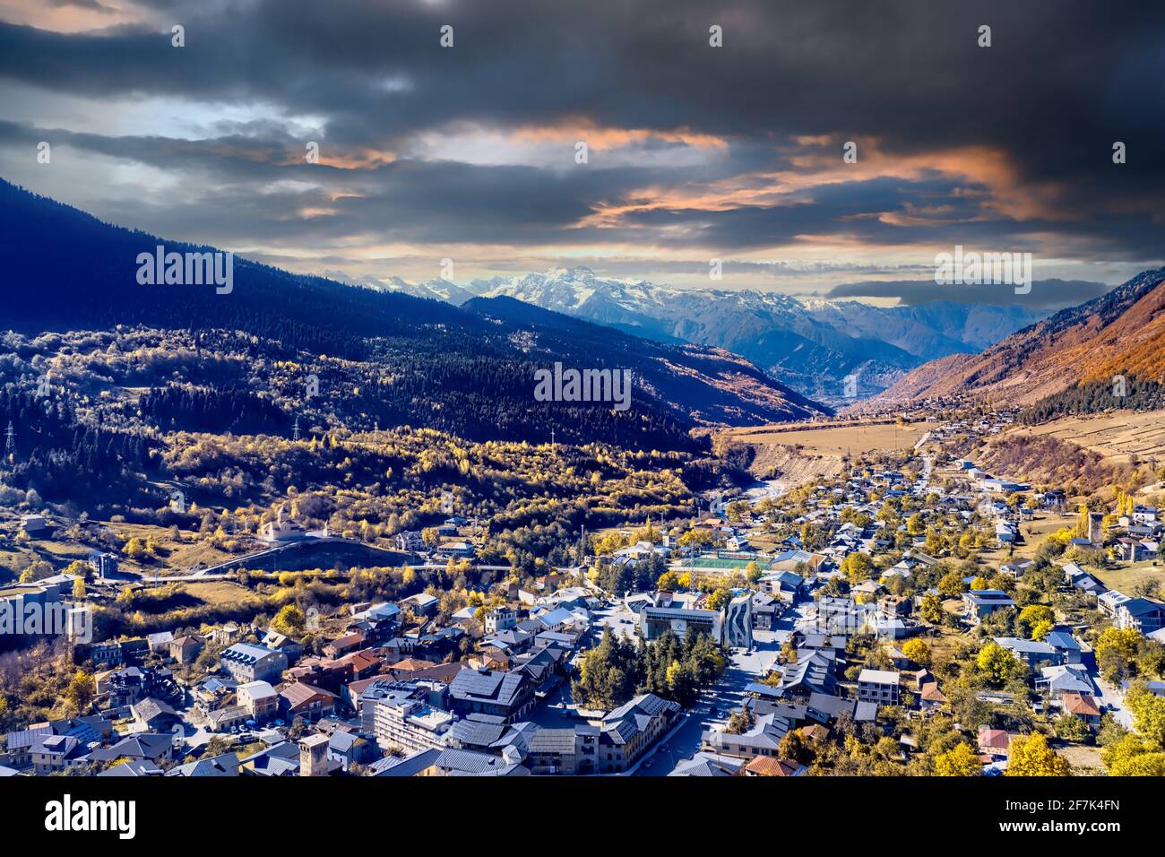 Aerial view of Mestia village with typical tower houses Stock Photo - Alamy