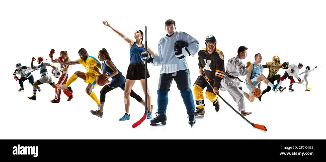 Collage of different professional sportsmen, fit people in action and ...