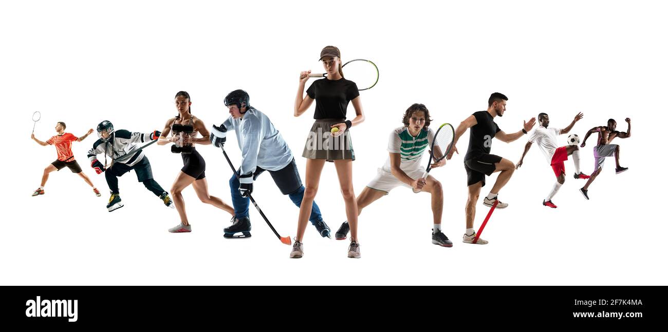 Collage of different professional sportsmen, fit people in action and ...
