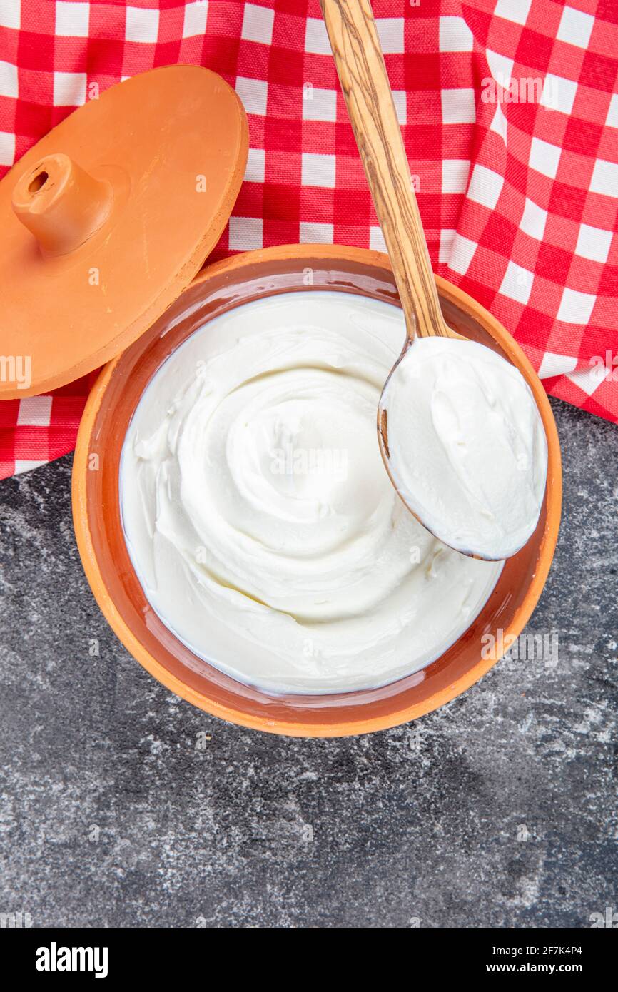 Turkish and Greek traditional dairy food yogurt or strained yogurt in ...