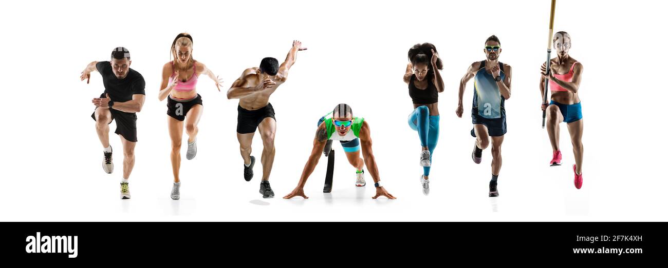 Collage of different professional sportsmen, fit people in action and ...