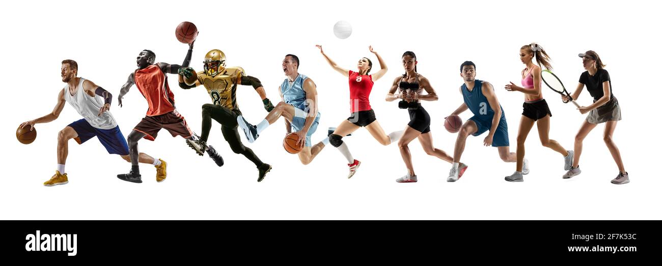 Collage of different professional sportsmen, fit people in action and ...