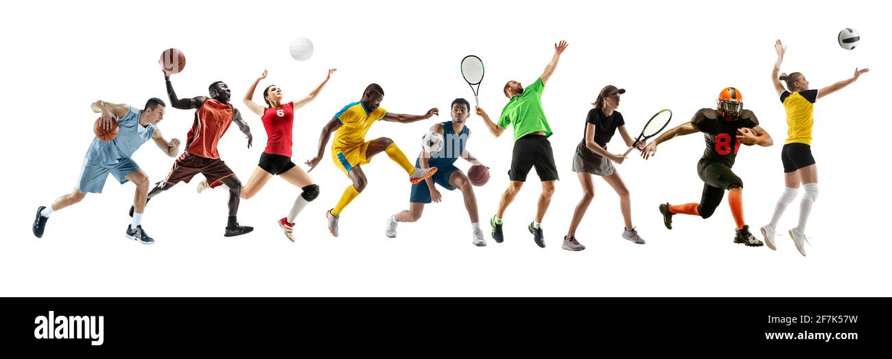 Collage of different professional sportsmen, fit people in action and ...