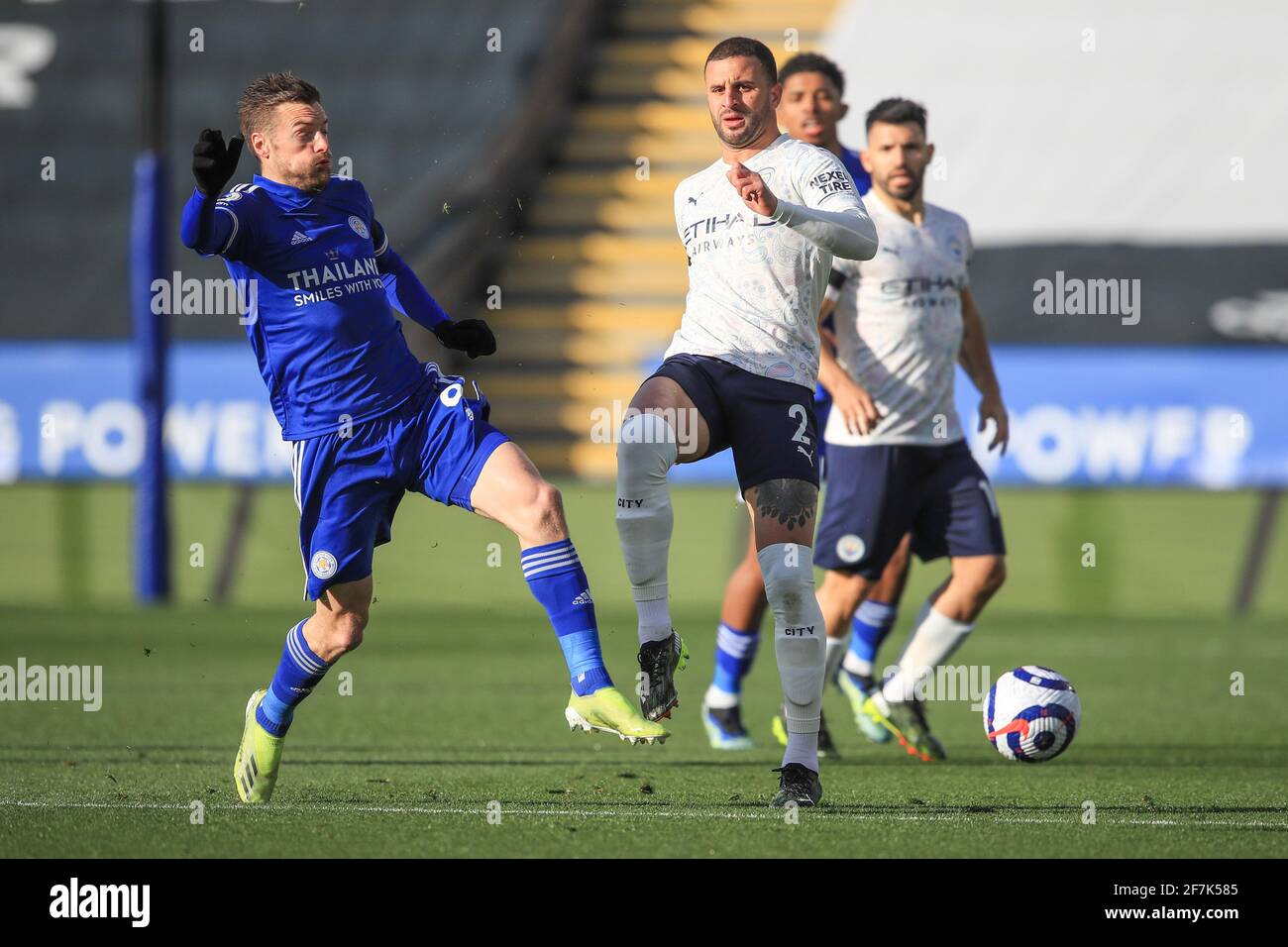 Jamie Vardy #9 of Leicester City and Kyle Walker #2 of Manchester City ...