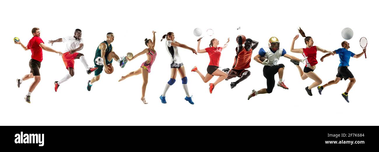 Collage of different professional sportsmen, fit people in action and ...