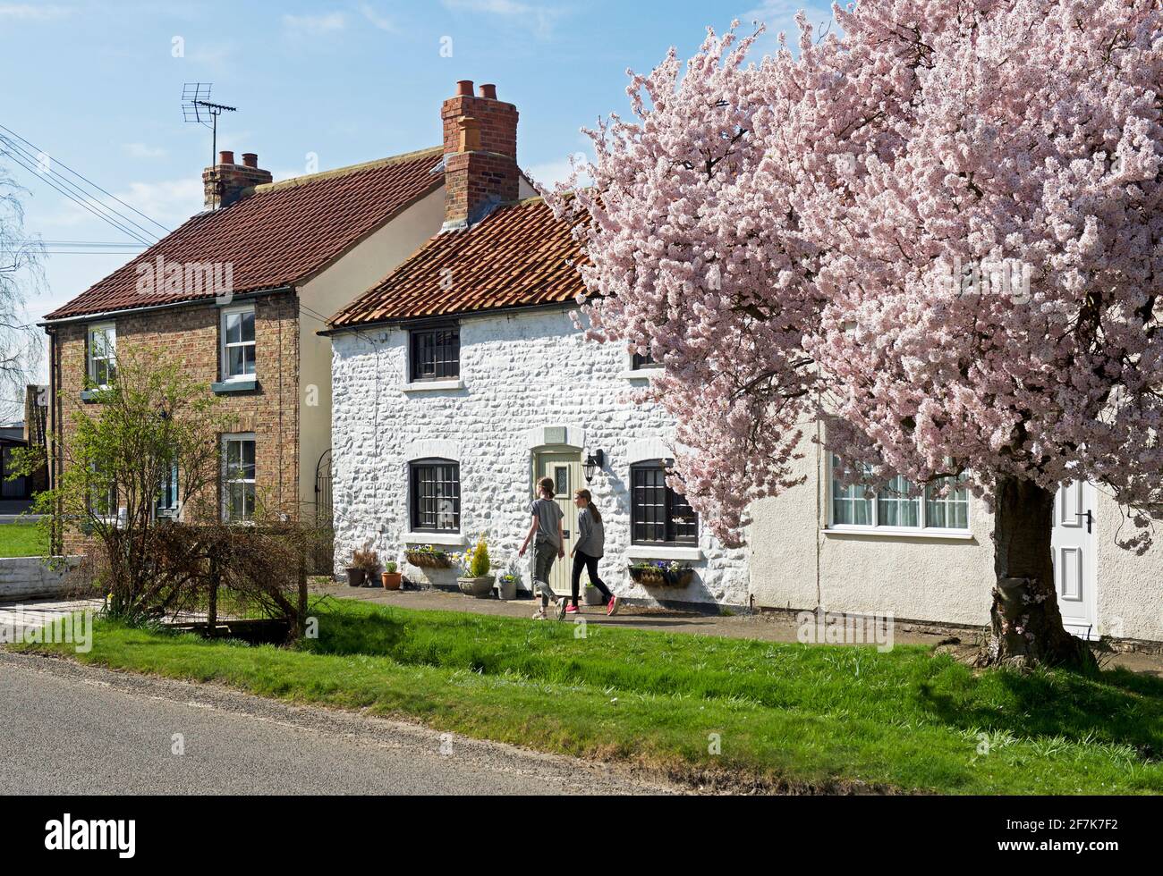 Teenagers walking past cottage in the village of West Lutton, North ...