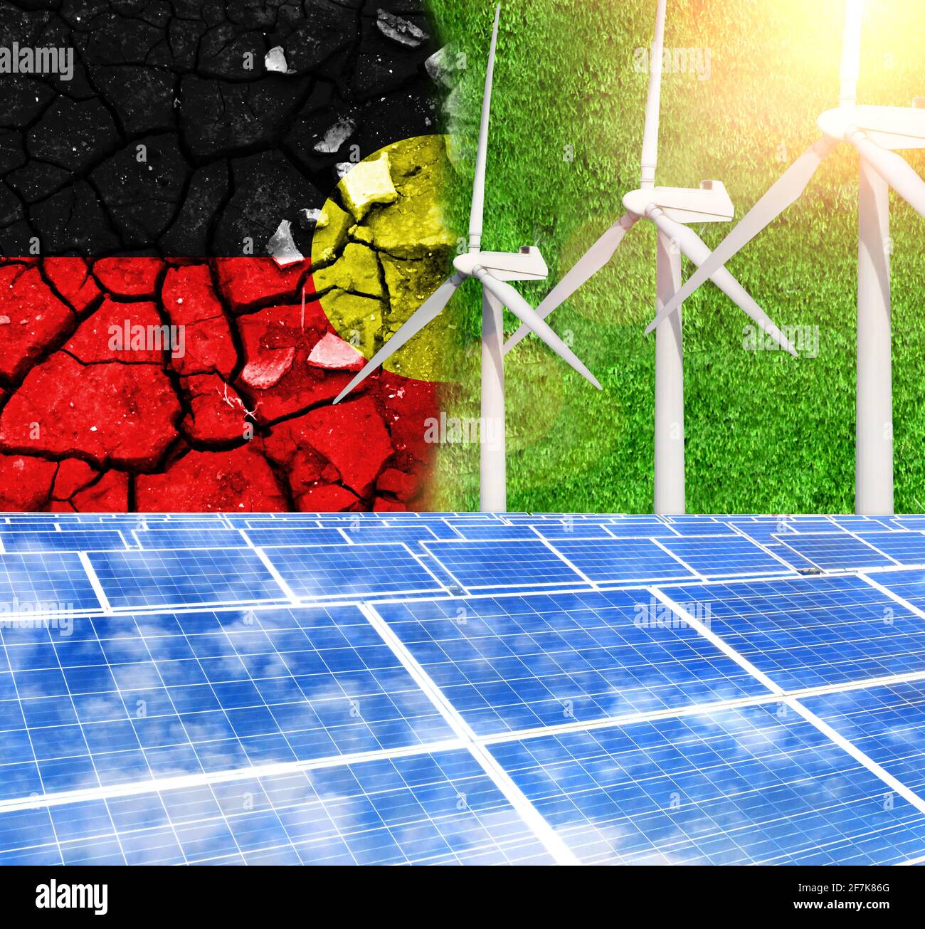 Solar panels on the background with the flag of Australian Aboriginal ...
