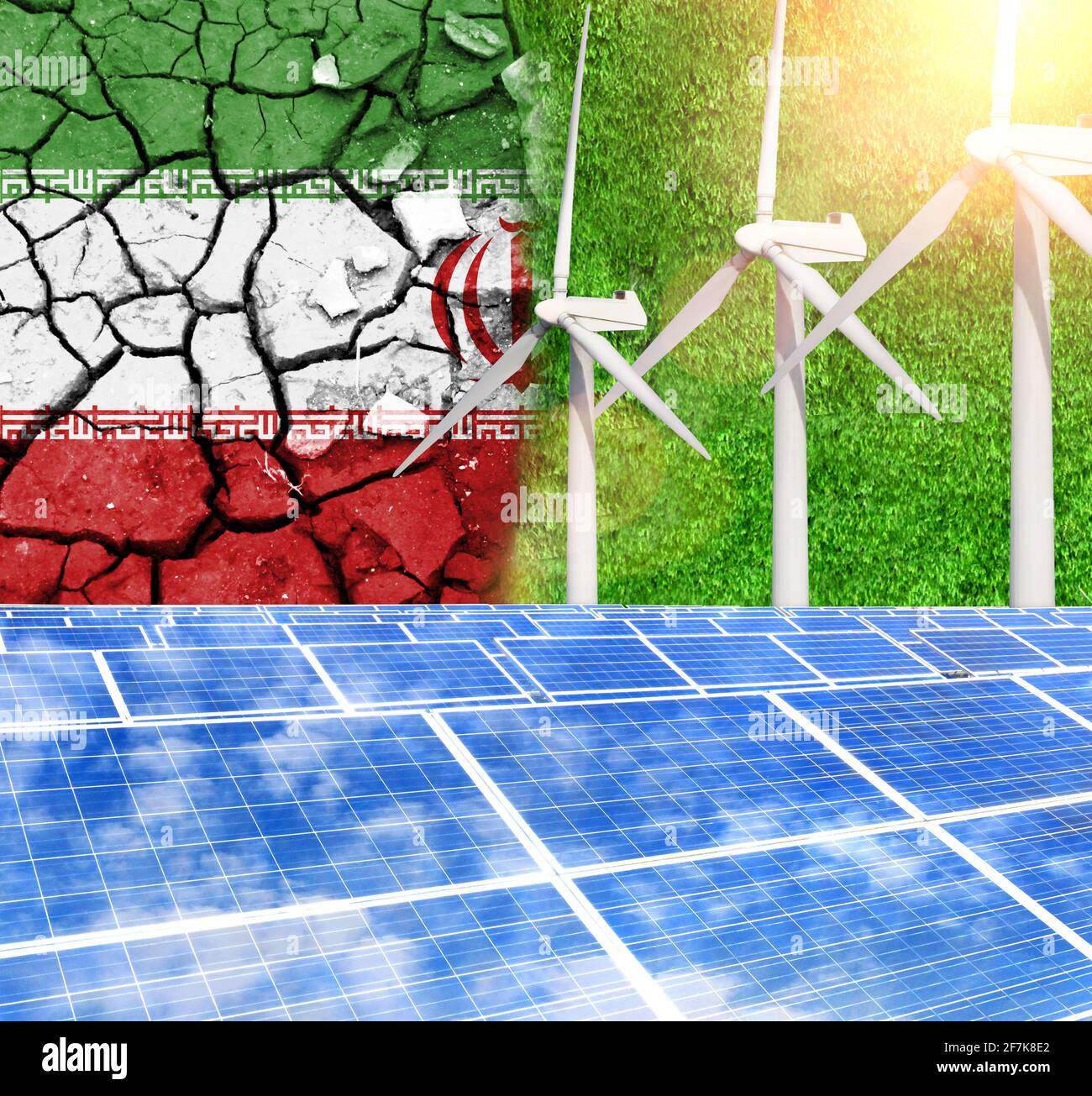 Solar panels on the background with the flag of Iran and Wind Turbine ...