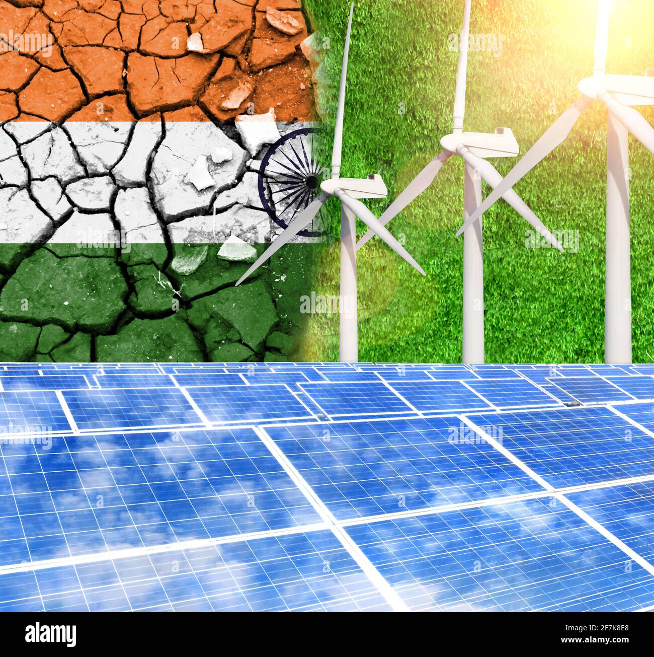 Solar panels on the background with the flag of India and Wind Turbine ...