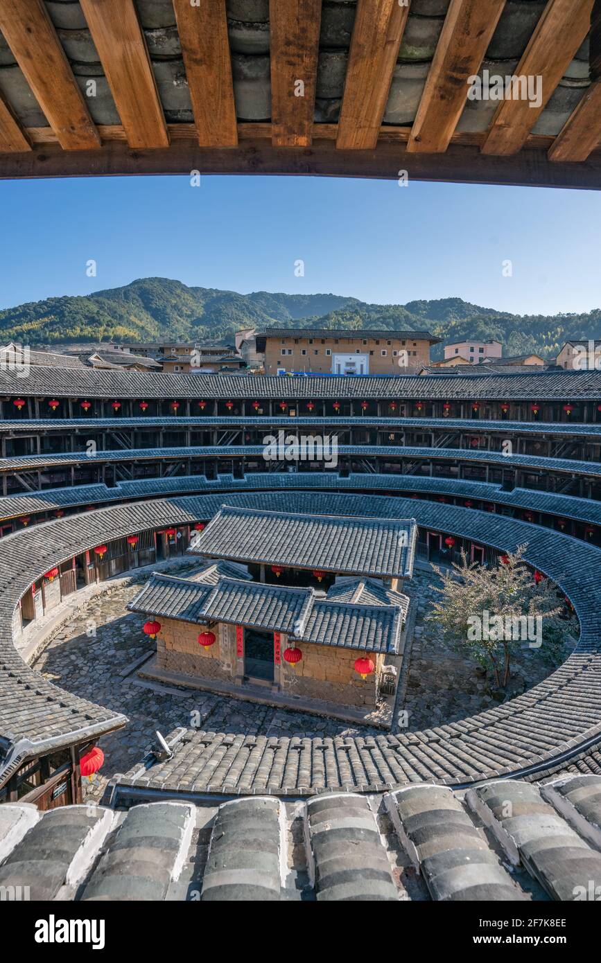 Inside view of a Tulou, a traditional Chinese architecture in Fujian ...