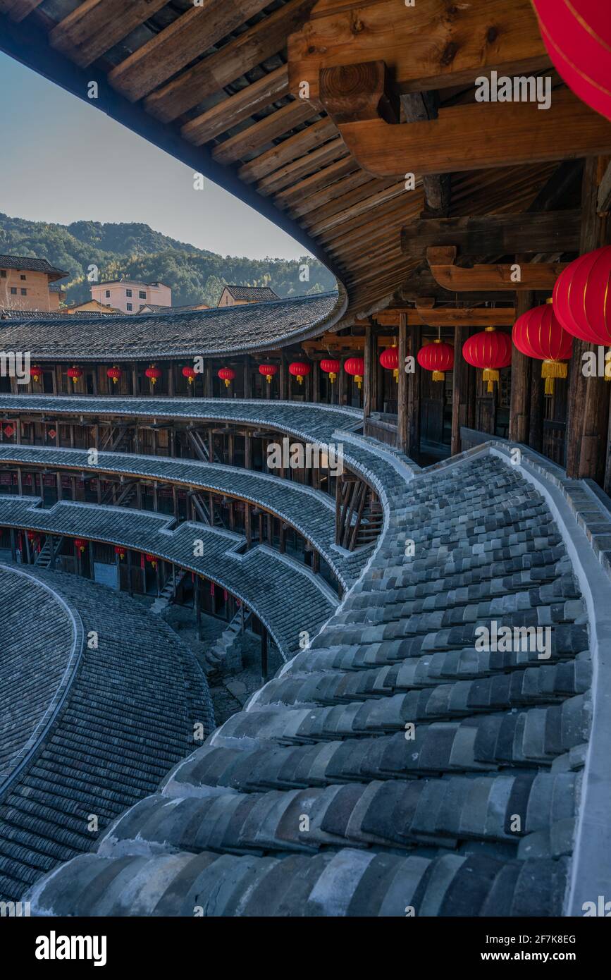 Inside view of a Tulou, a traditional Chinese architecture in Fujian ...