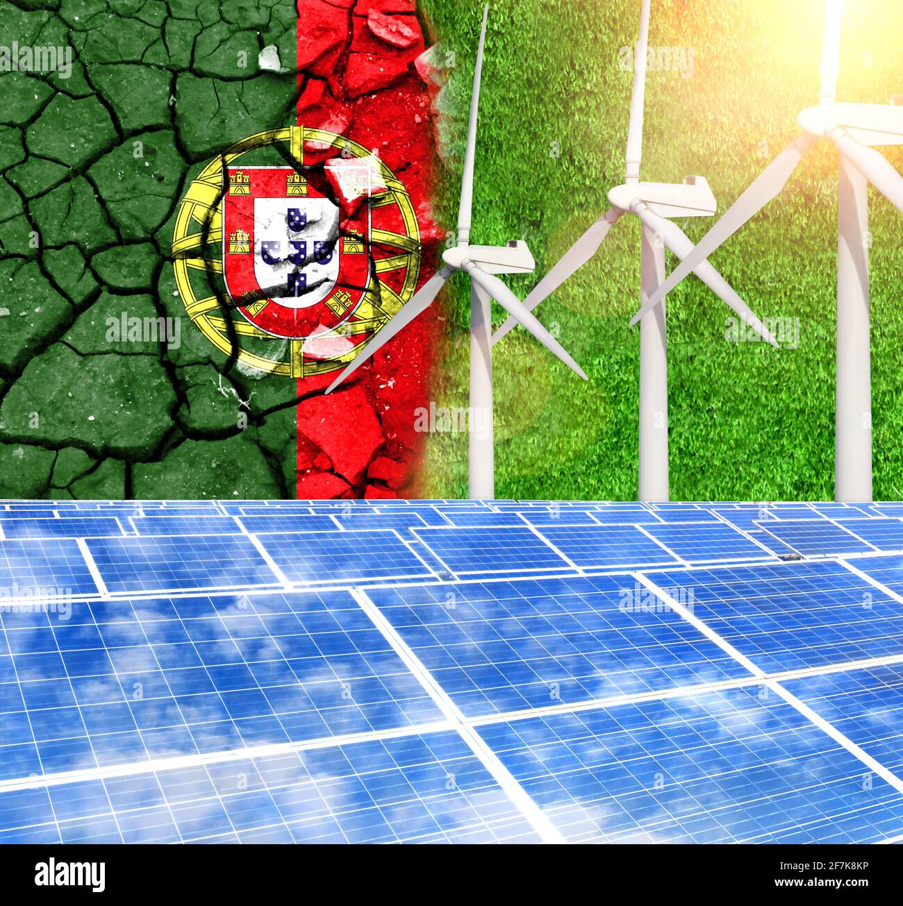 Solar panels on the background with the flag of Portugal and Wind ...