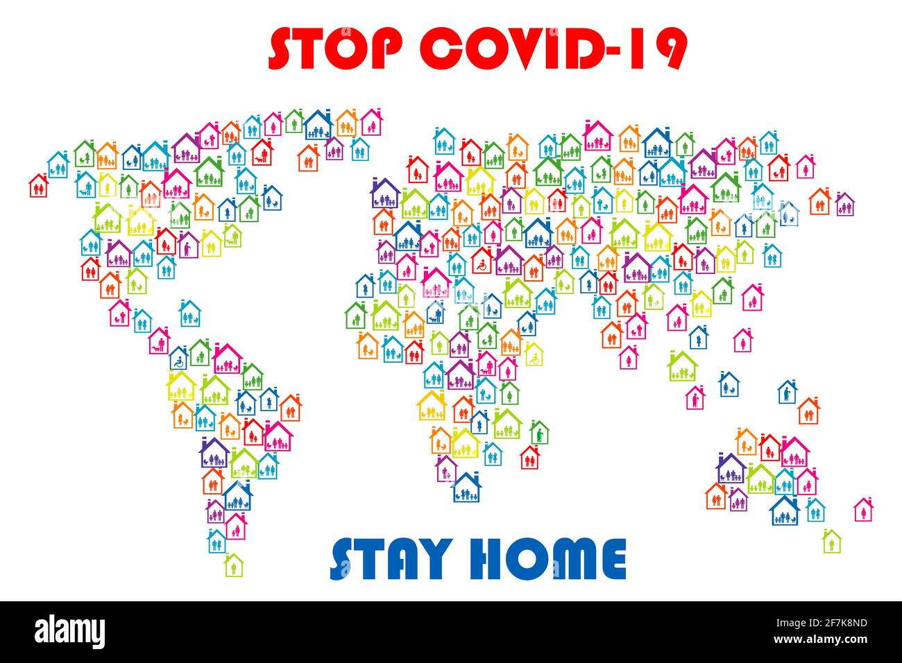Stop covid 19- Stay home concept with world map and full houses Stock ...