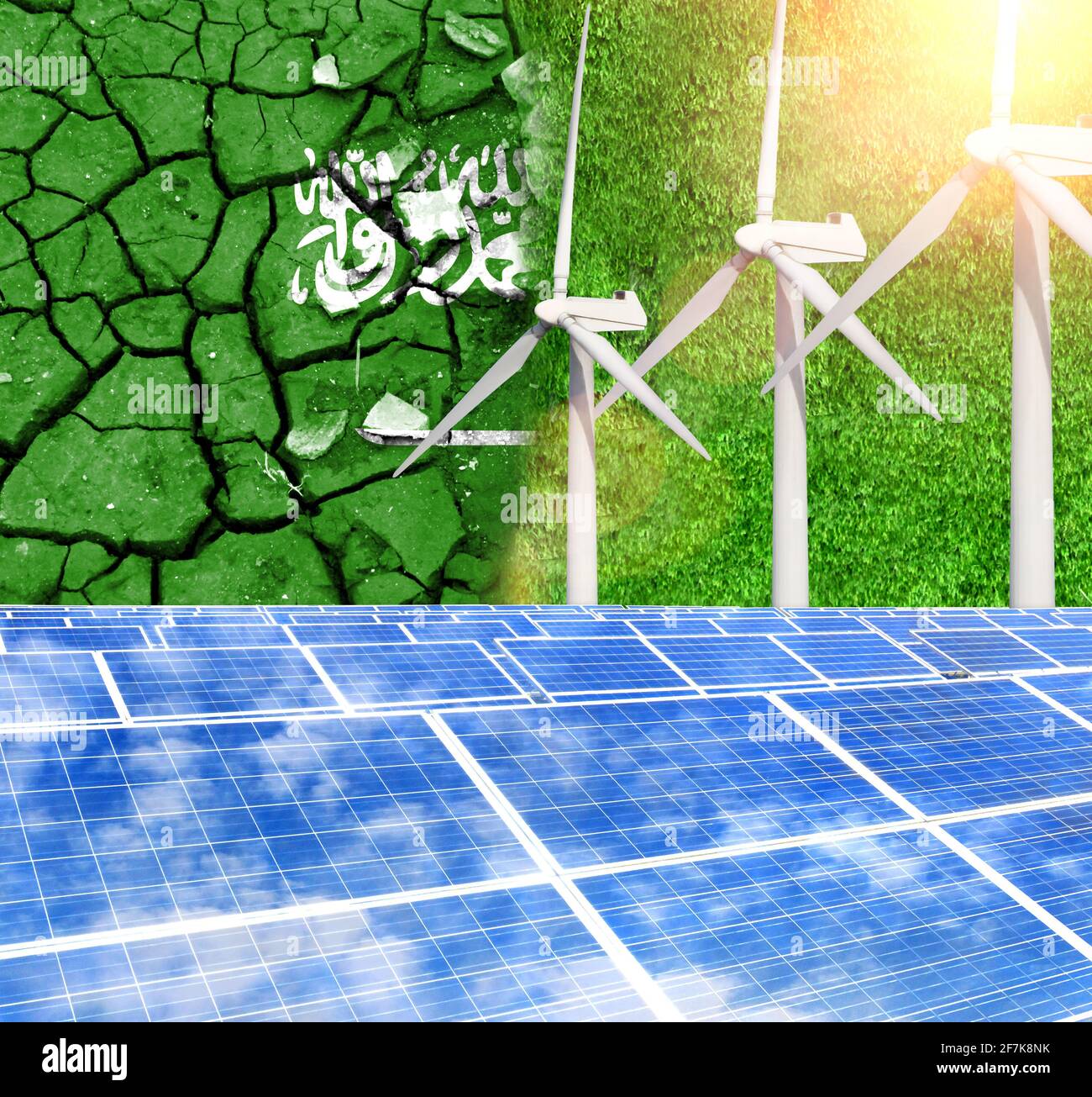 Solar panels on the background with the flag of Saudi Arabia and Wind ...