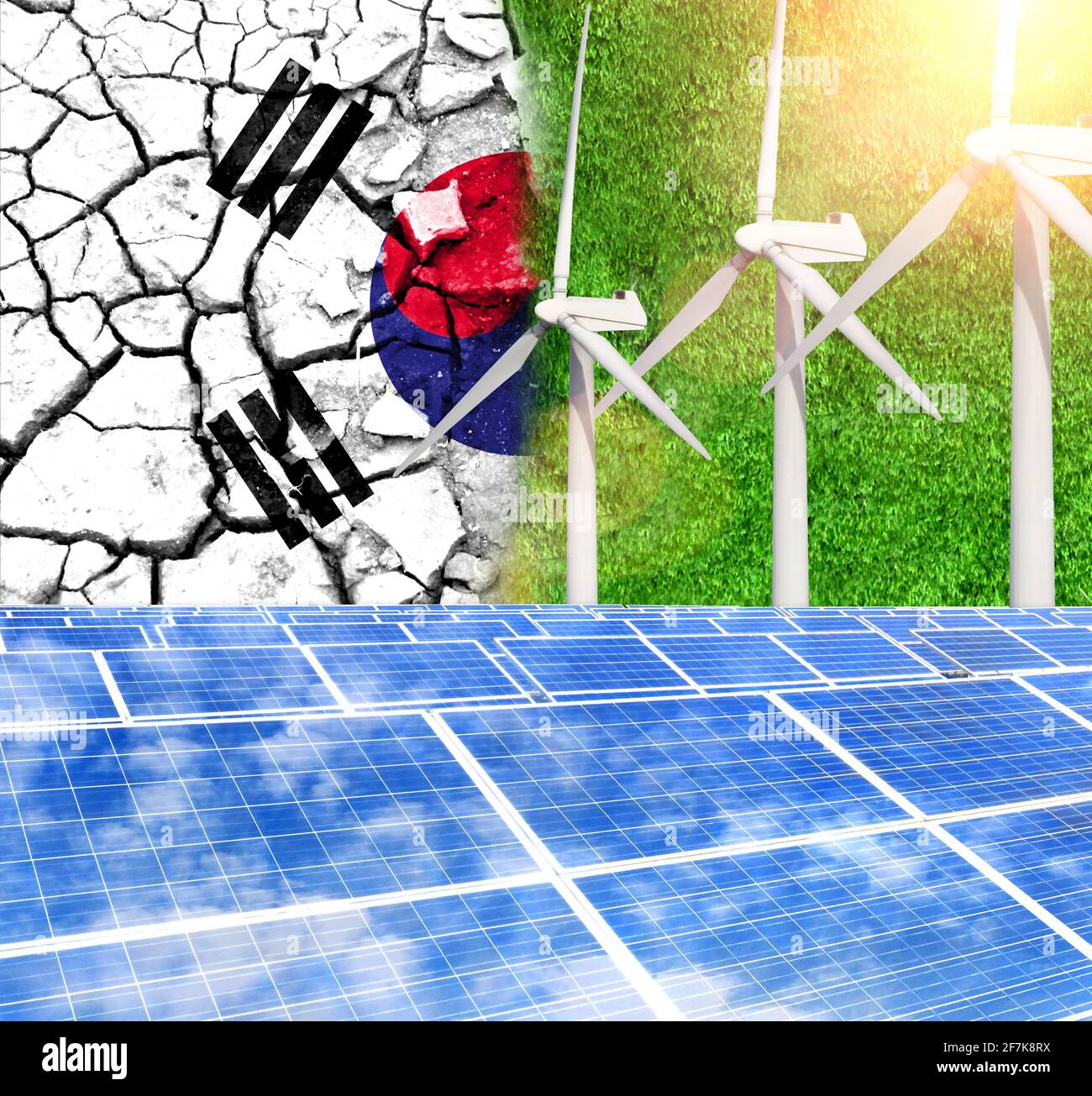 Solar panels on the background with the flag of South Korea and Wind ...
