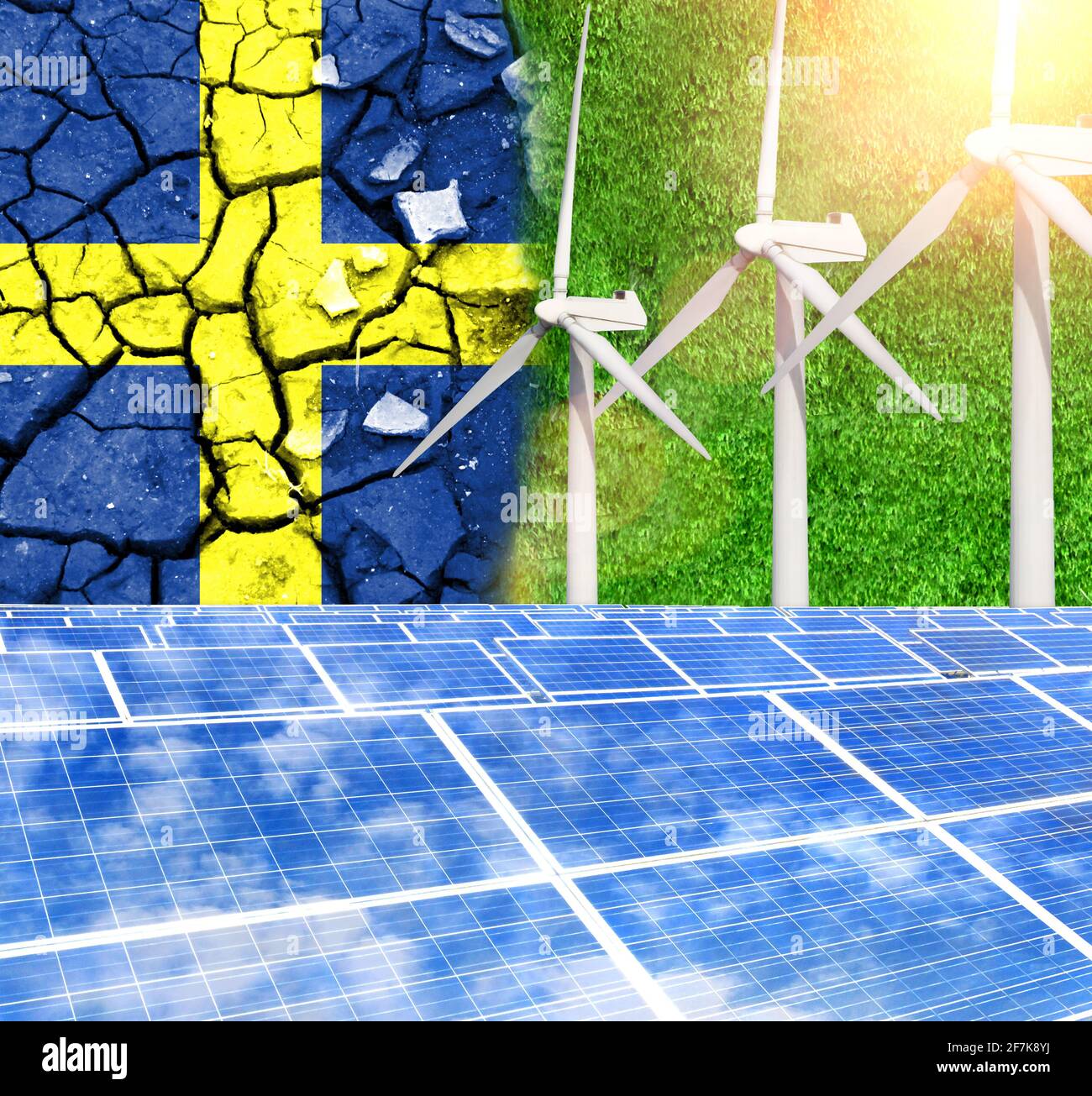 Solar panels on the background with the flag of Sweden and Wind Turbine ...