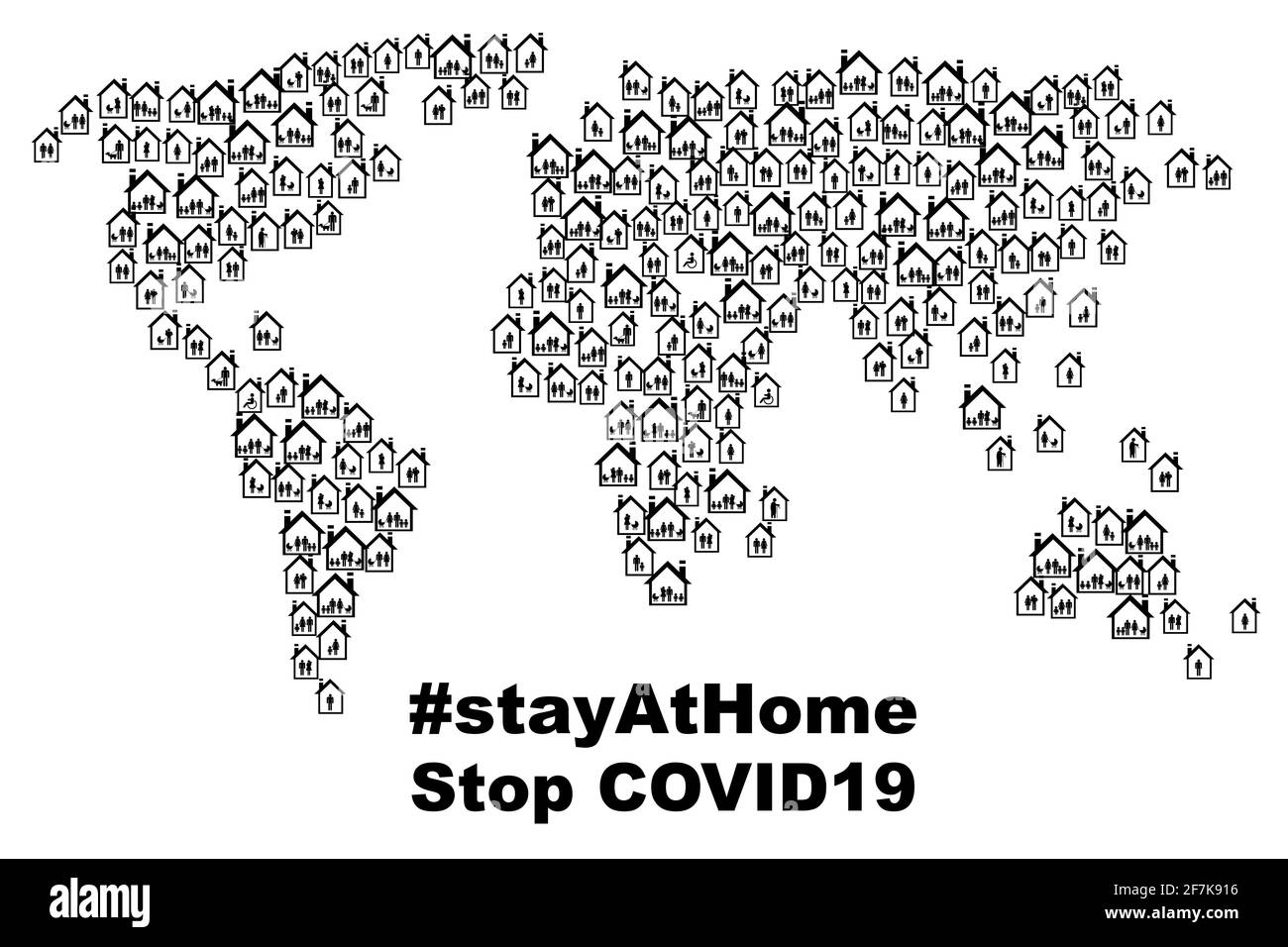 Stay at home concept with world map made of stylized houses with ...