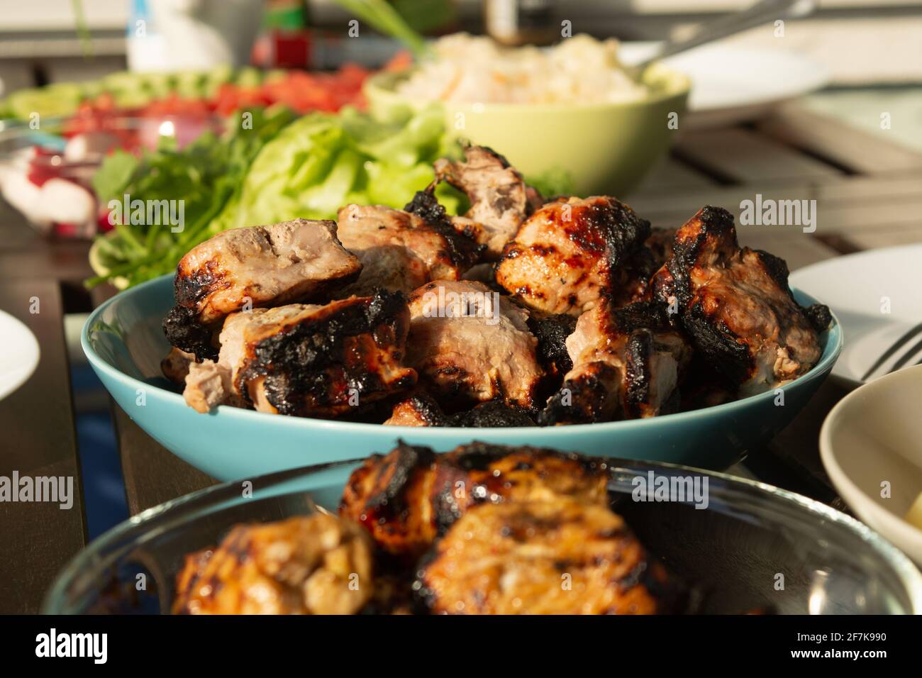 Picnic outside with barbeque meet and fresh vegetables in summer time ...