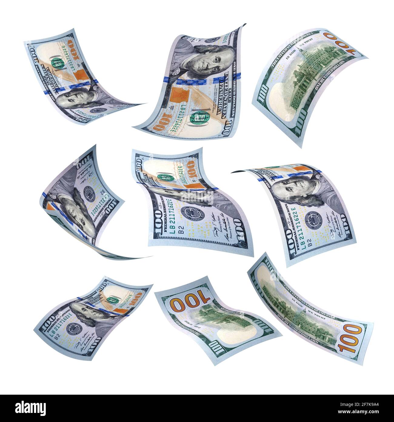 Set of flying 100 dollar money banknote on a white background Stock ...