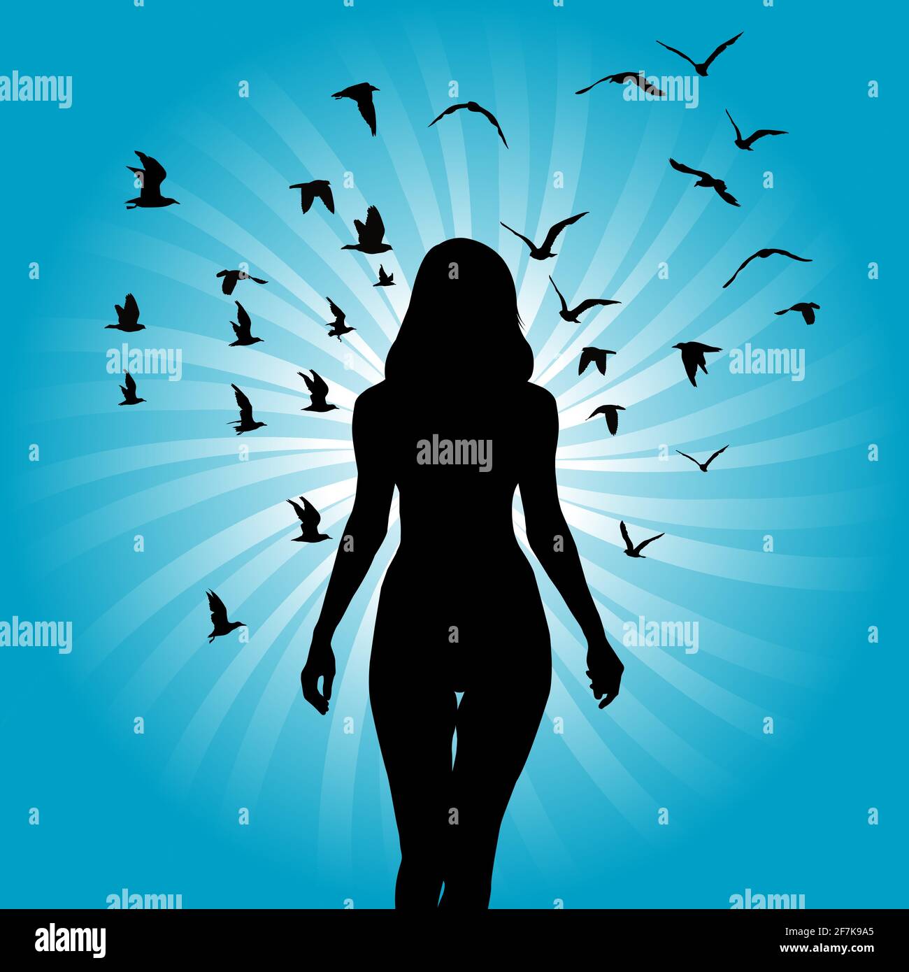 Silhouette of woman with birds flying around her on sunburst background ...