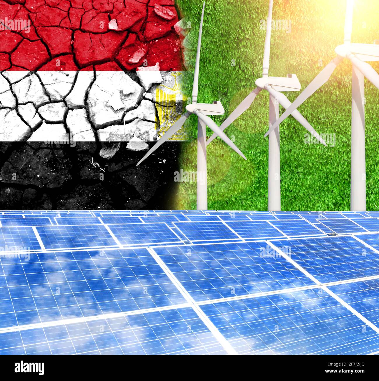 Solar panels on the background with the flag of Egypt and Wind Turbine ...