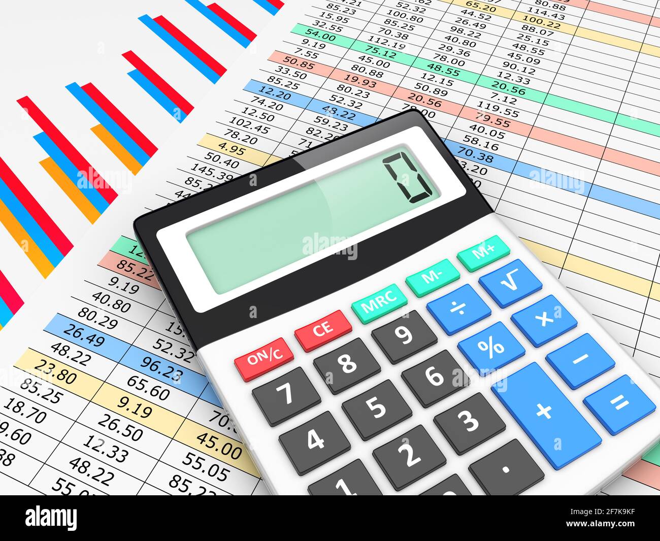 The calculator lies on finance balance tables and graph chart data. A ...