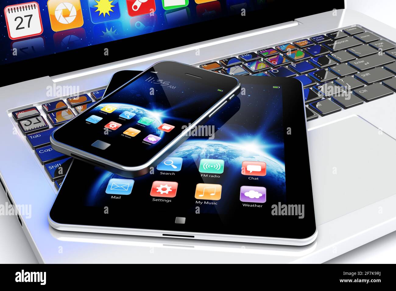 Tablet PC and mobile smartphone with space dawn wallpaper and apps on a screen. Technology 3d ...