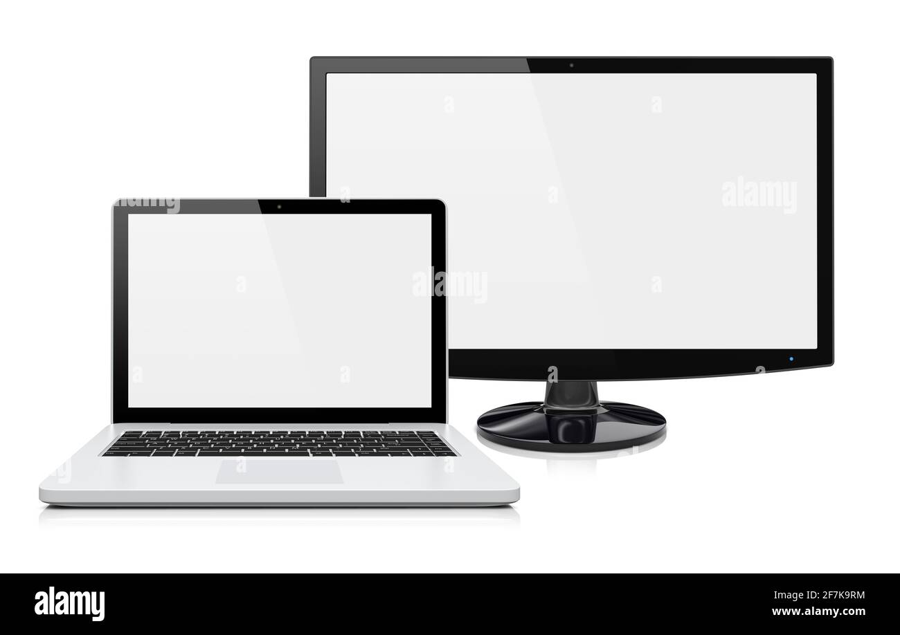 Computer pc monitor and laptop with a blank screen. Isolated on a white ...
